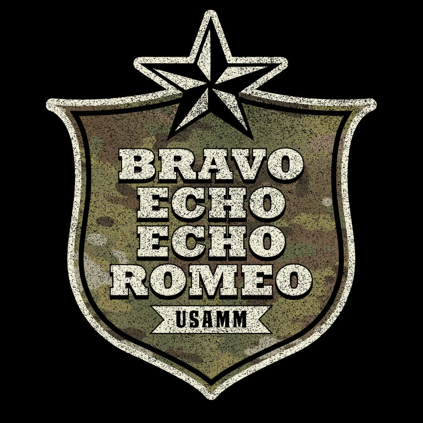Bravo Echo Echo Romeo Shield T-Shirt | USAMM
